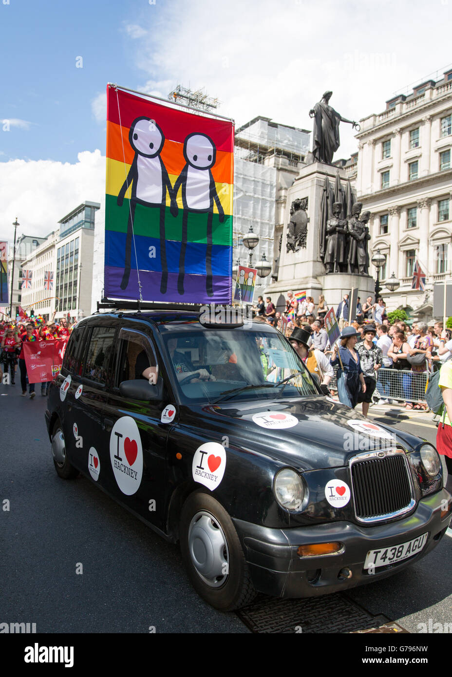 London, UK 25th June, 2016. Pride in London parade. Banner by Stik ...