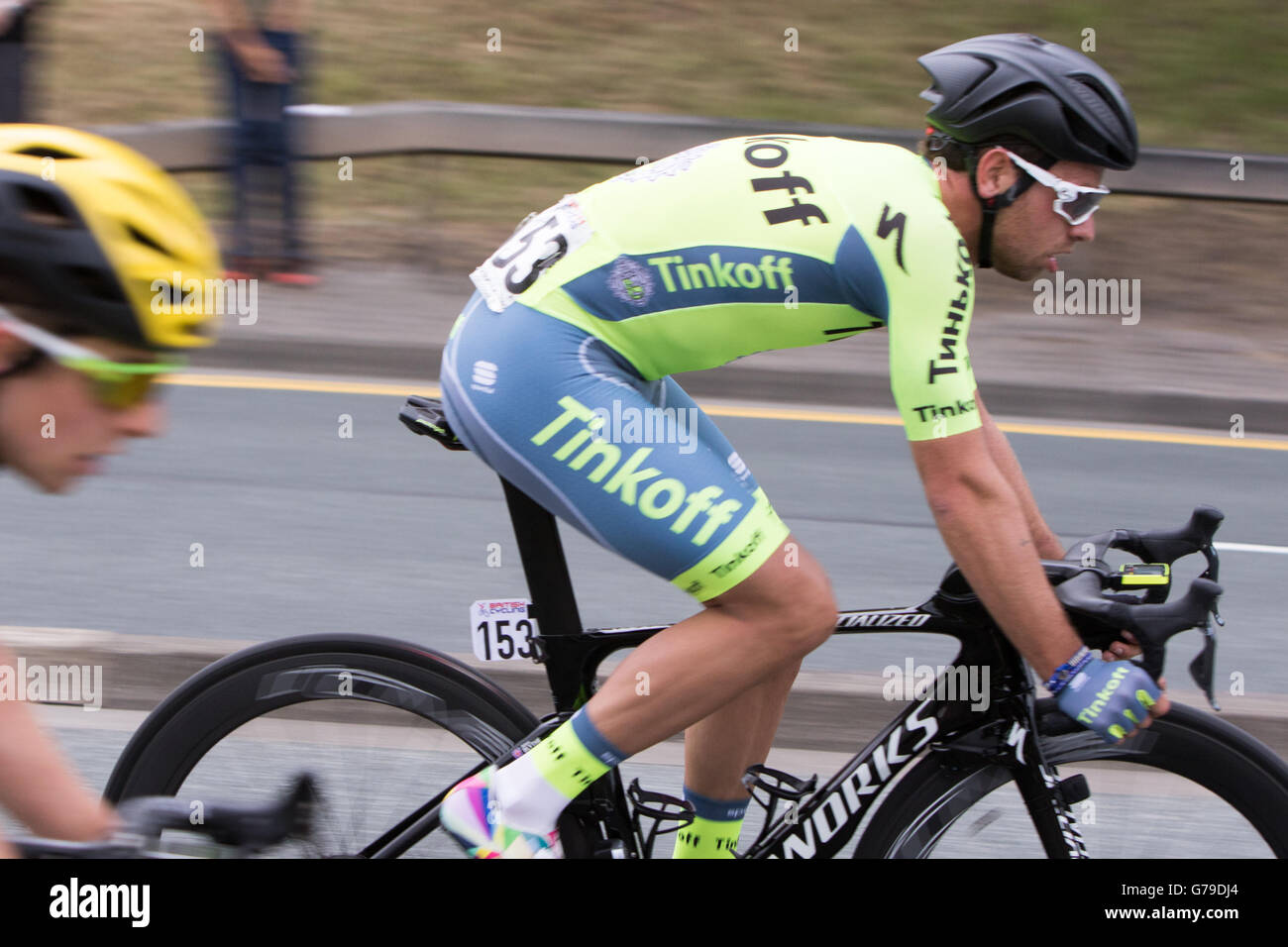 Stockton Upon Tees, UK. 25th June, 2016. Adam Blythe (Tinkoff) goes on to finish the race in ...