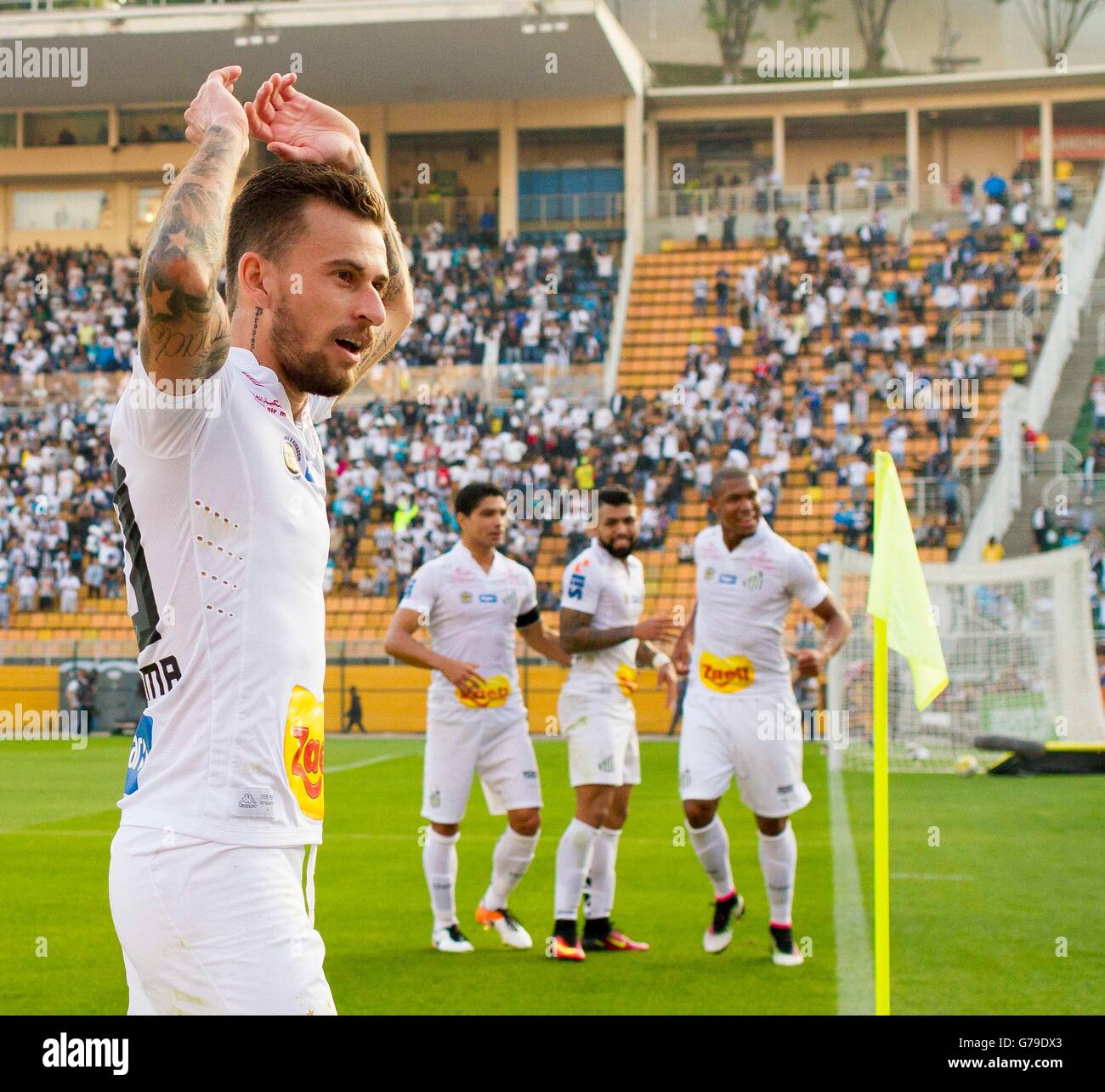 SAO PAULO, Brazil - 06/26/2016: SANTOS X SPFC - Lucas Lima celebrates ...