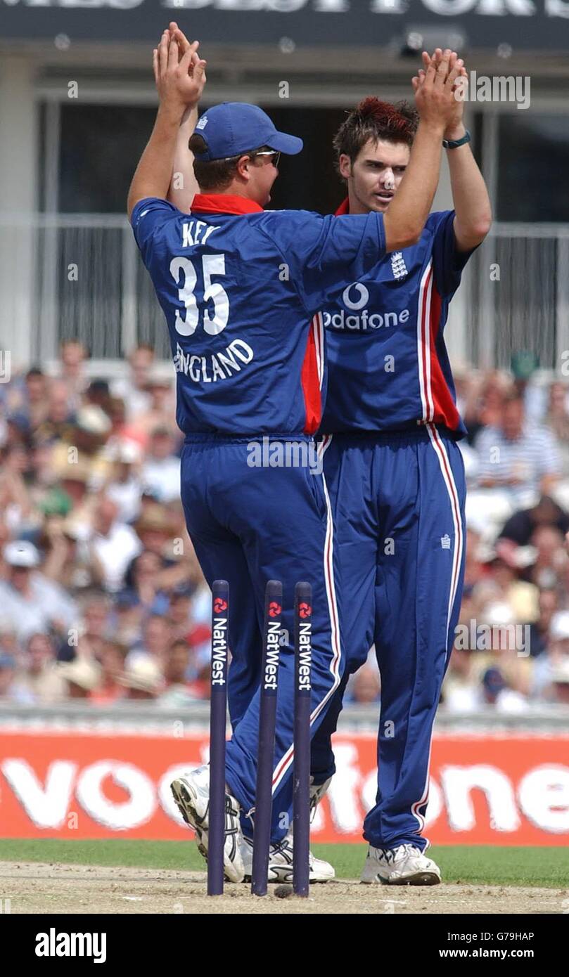 England's James Anderson celebrates with Robert Key after bowling South ...