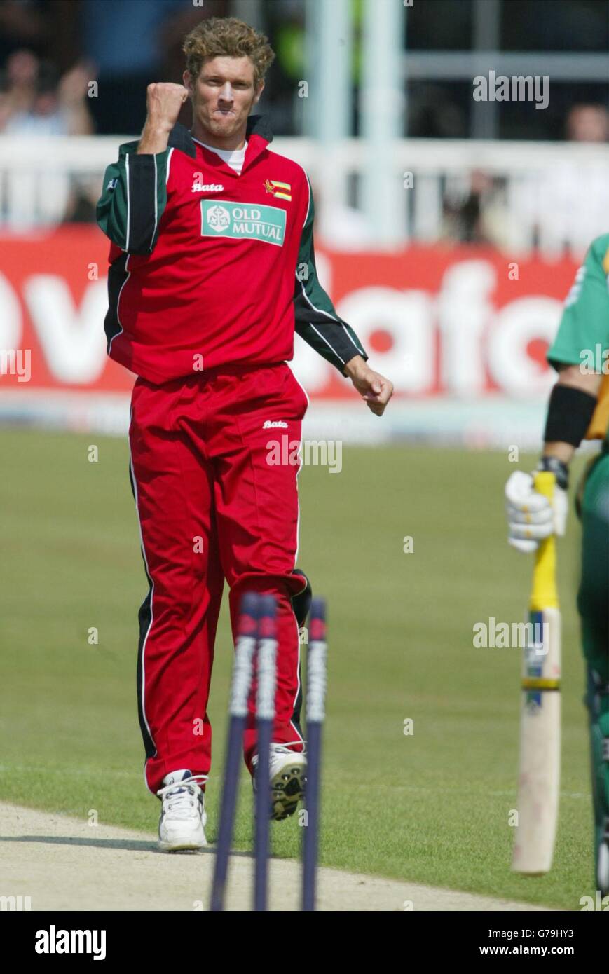 Zimbabwean bowler Andy Blignaut celebrates the wicket of South Africa's ...