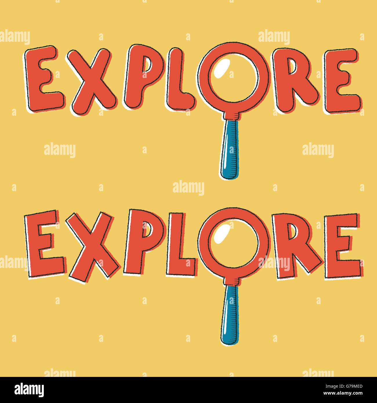 Stylized word Explore with a magnifier as O letter. Two versions on ...