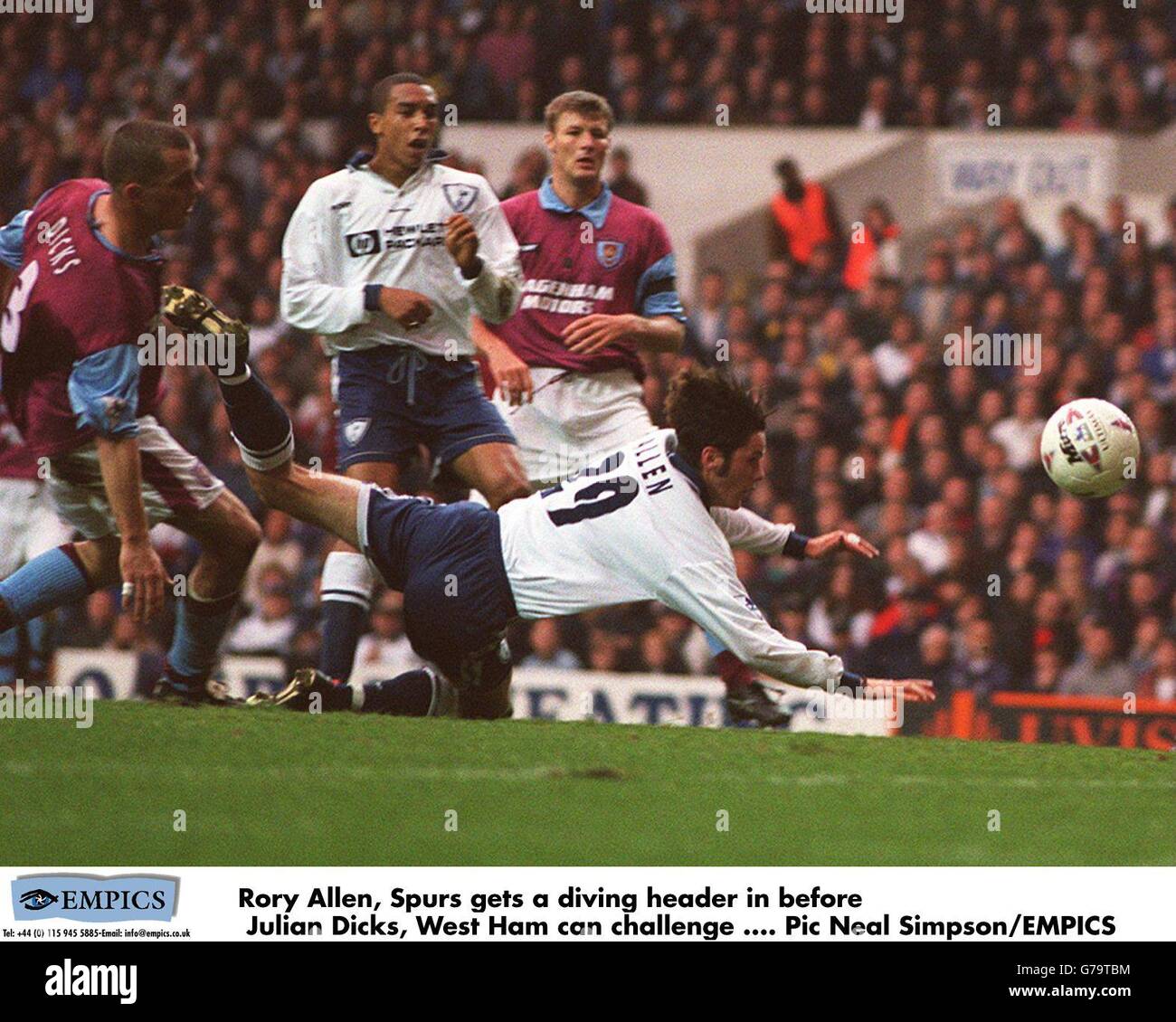 Rory Allen, Spurs gets a diving header in before Julian Dicks, West Ham ...