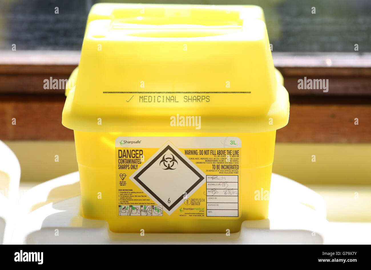 A medicinal sharps box at the royal liverpool university hospital hi ...