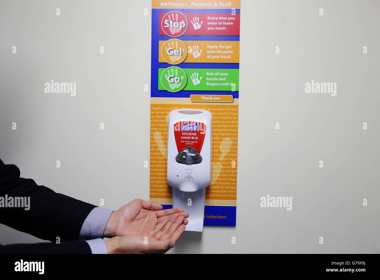 A hygienic hand rub dispenser at the Royal Liverpool University ...