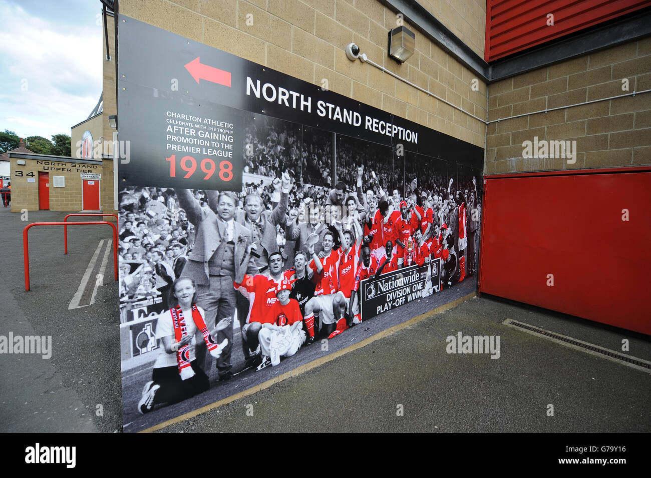 A view outside the North Stand and the new history boards at The Valley ...