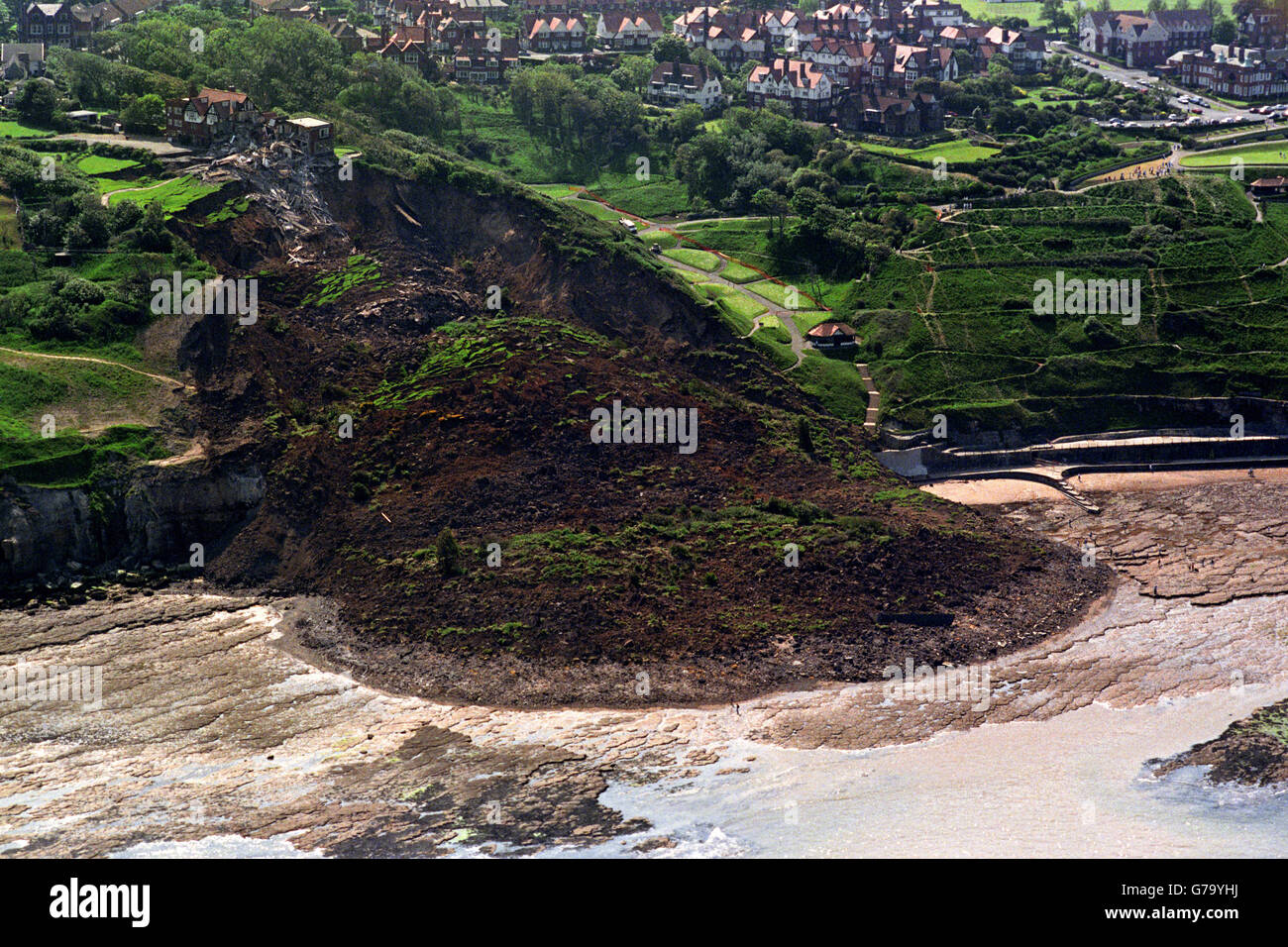 Aerial view of the cliff collapsing in Scarborough, where the Holbeck ...