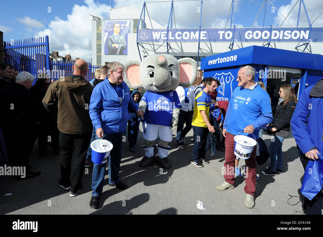 Everton mascot Changy the Elephant at the fan zone at Goodison Park ...