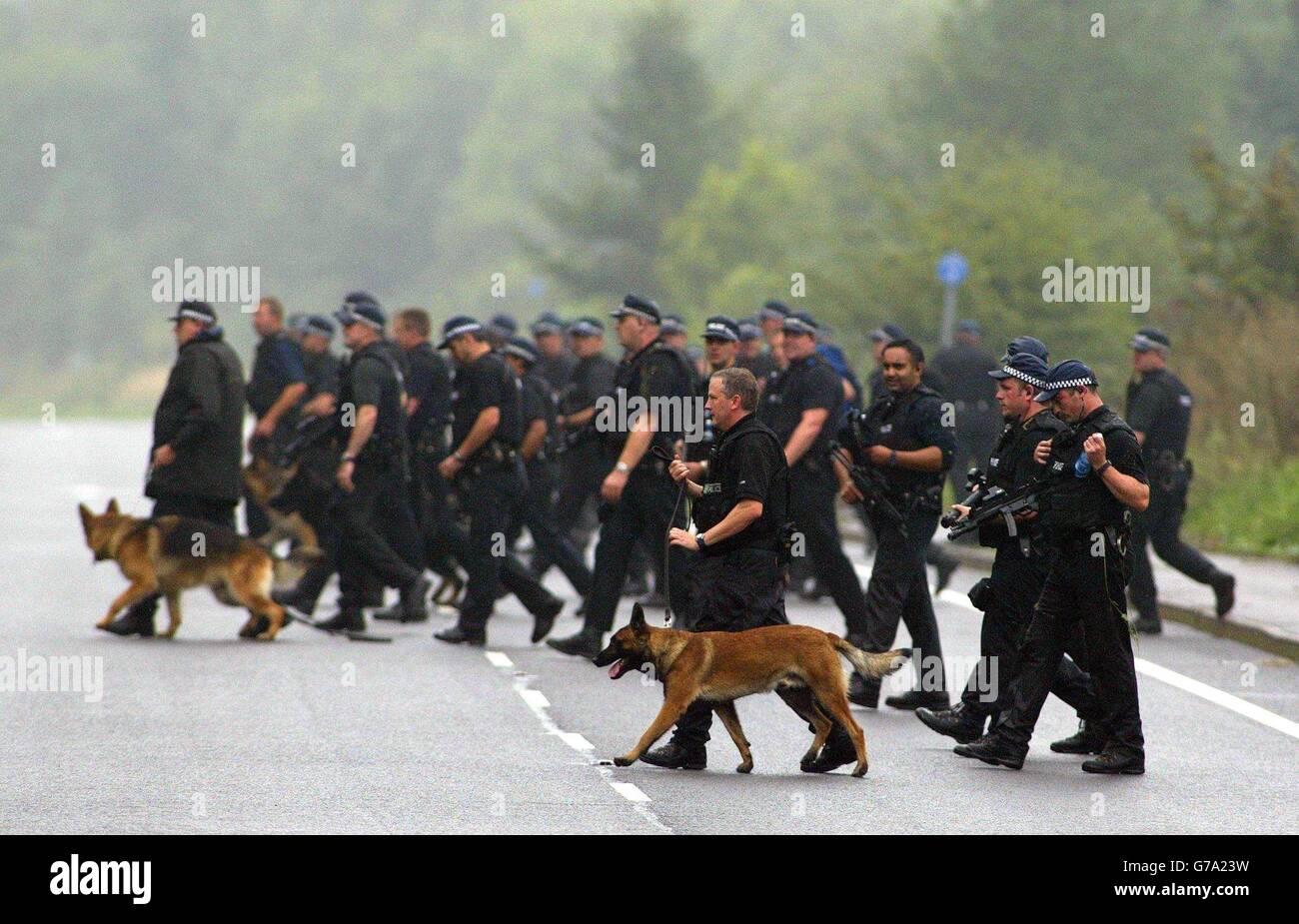 Members of a 450 strong police search team and their dogs begin a ...