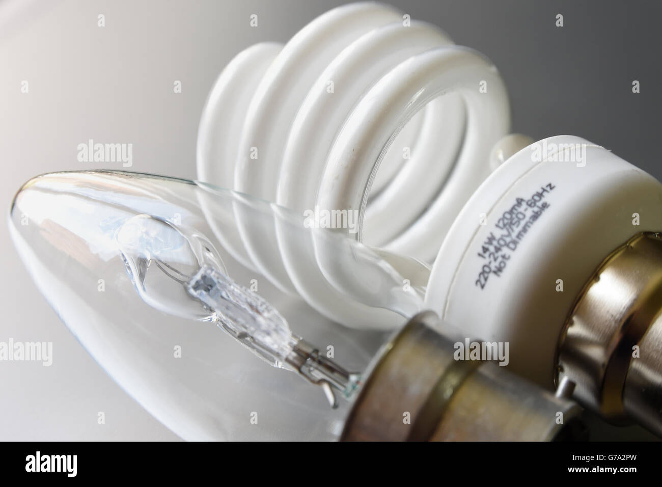 General view of a regular lightbulb (left) alongside an energy saving ...