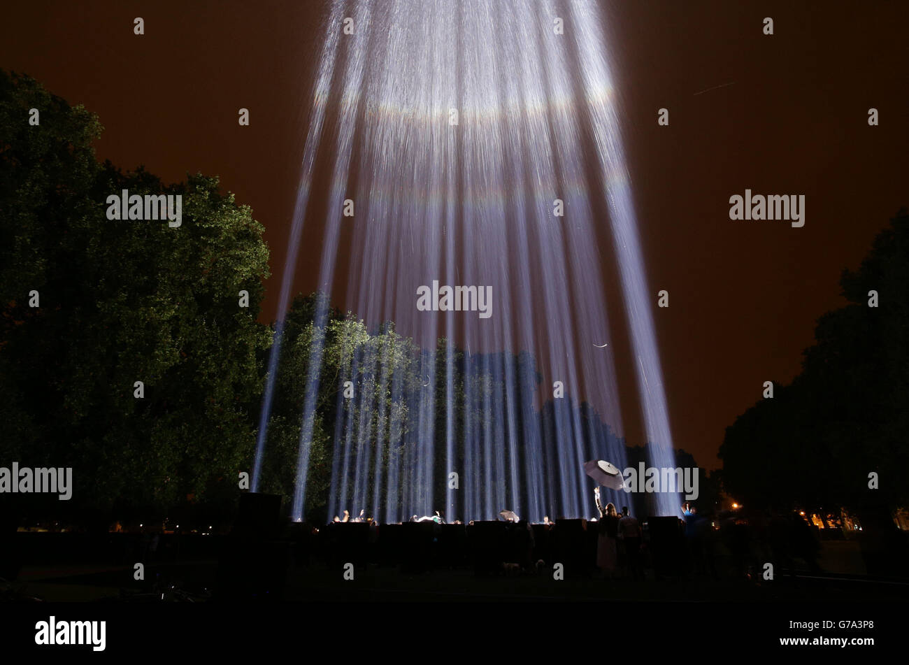 Rain falling down on the light installation 'spectra' - made up of 49 ...