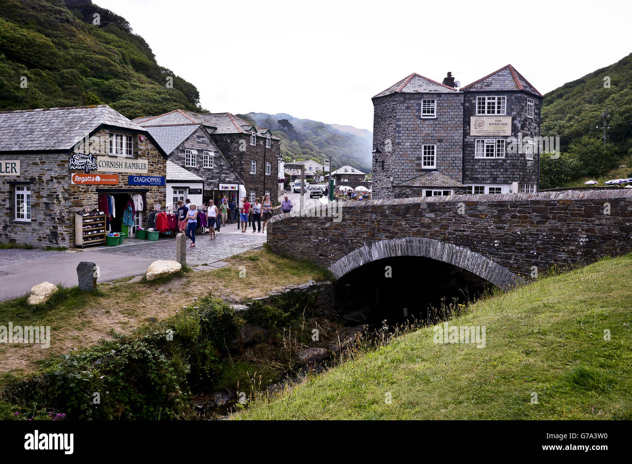 The main road bridge over the River Valency in Boscastle, Cornwall, on ...