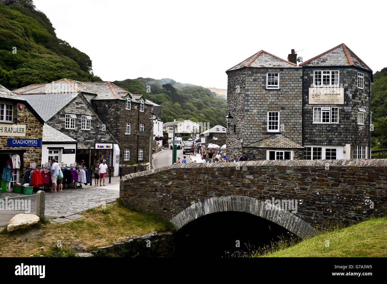 The main road bridge over the River Valency in Boscastle, Cornwall, on ...