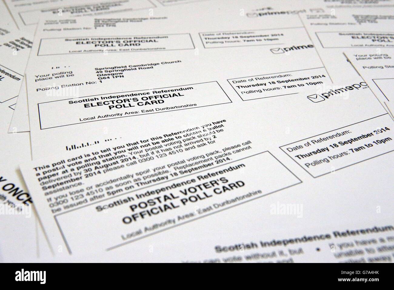 Some of the 4.1 million poll cards are seen at Strathclyde Business ...