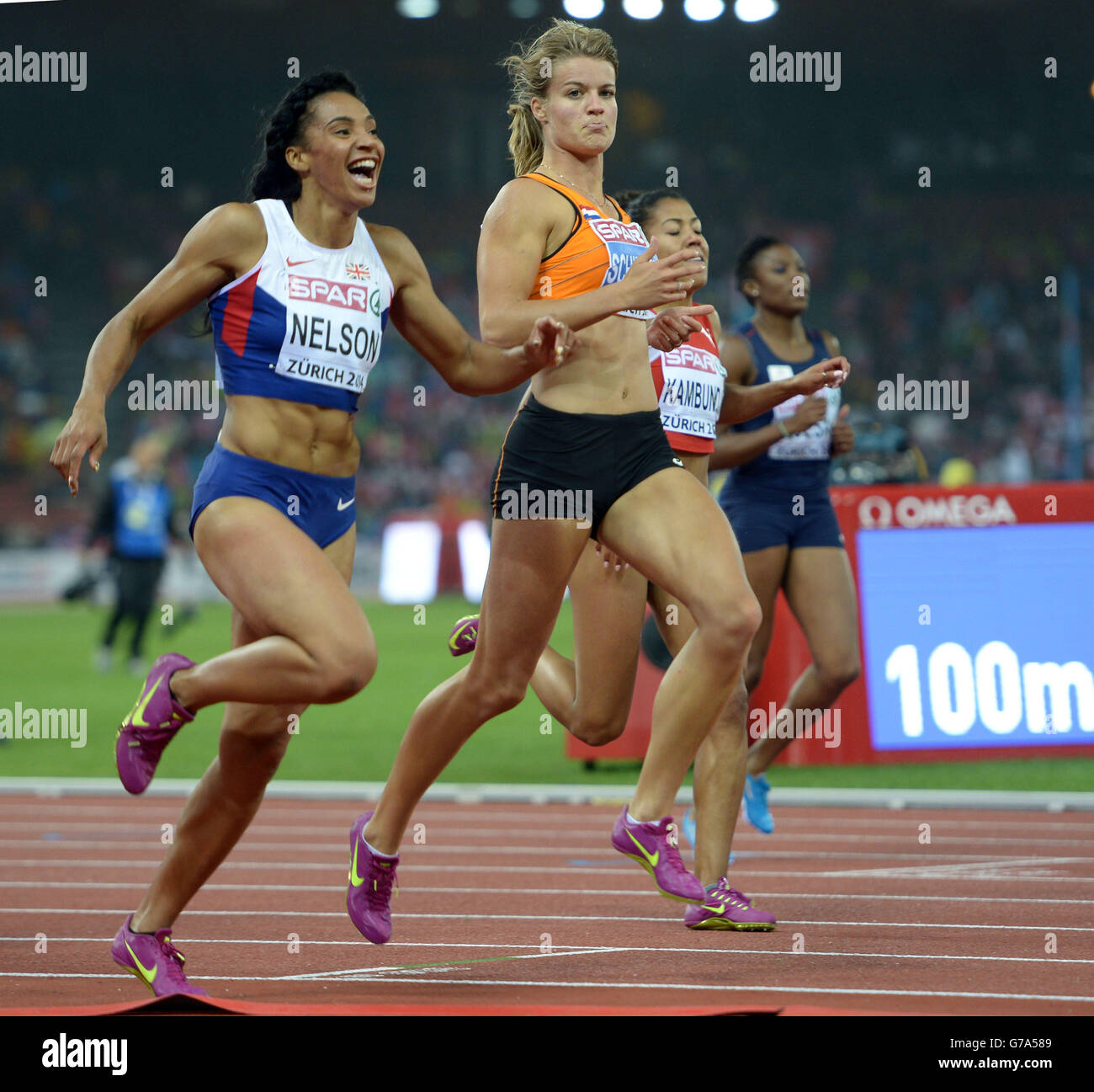 Great Britain's Ashleigh Nelson (left) celebrates third place in the ...