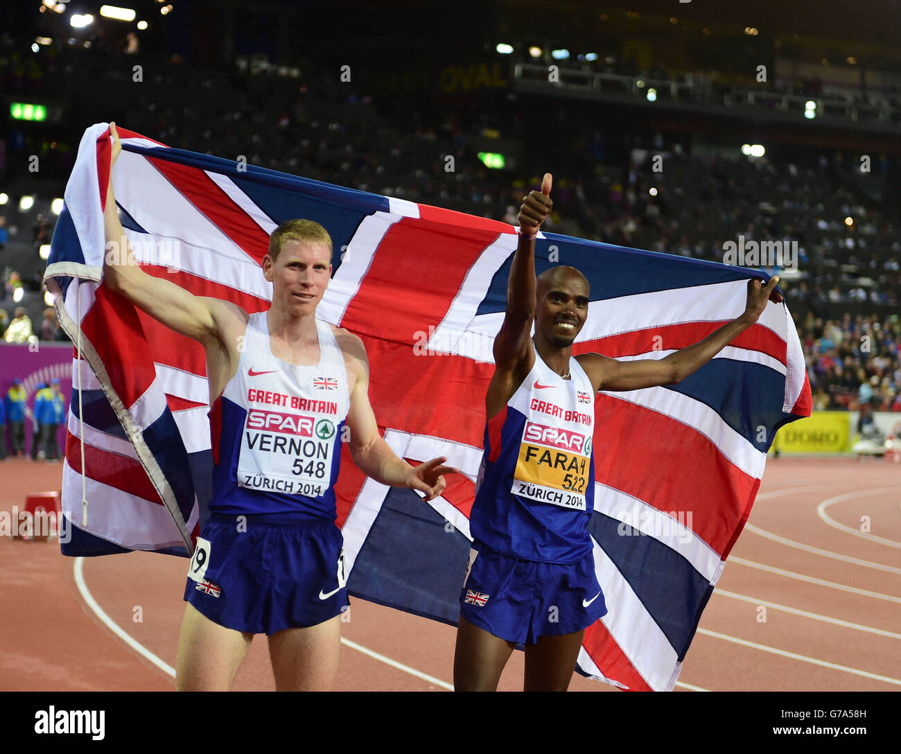 Great Britain's Andy Vernon and Mo Farah celebrate Silver and Gold in ...