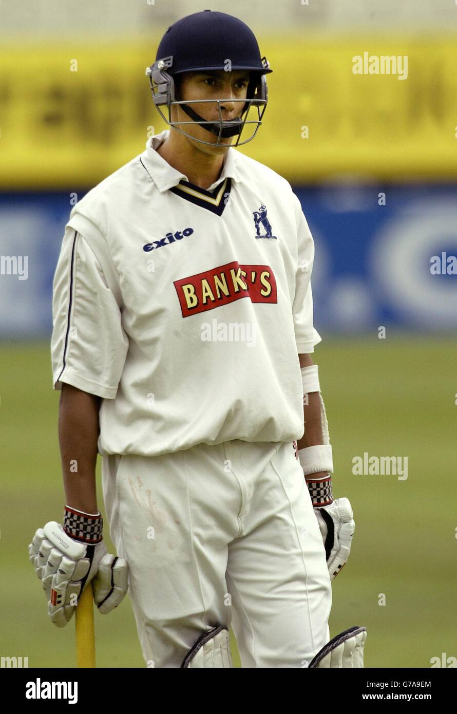 Warwickshire opening batsman Mark Wagh shows his dejection after he was ...