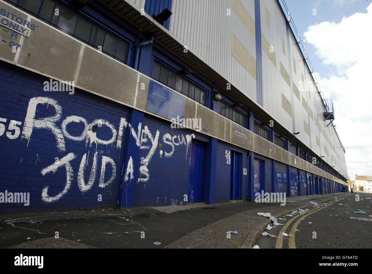 Graffiti on the walls of Goodison Park, home of Everton Football Club ...