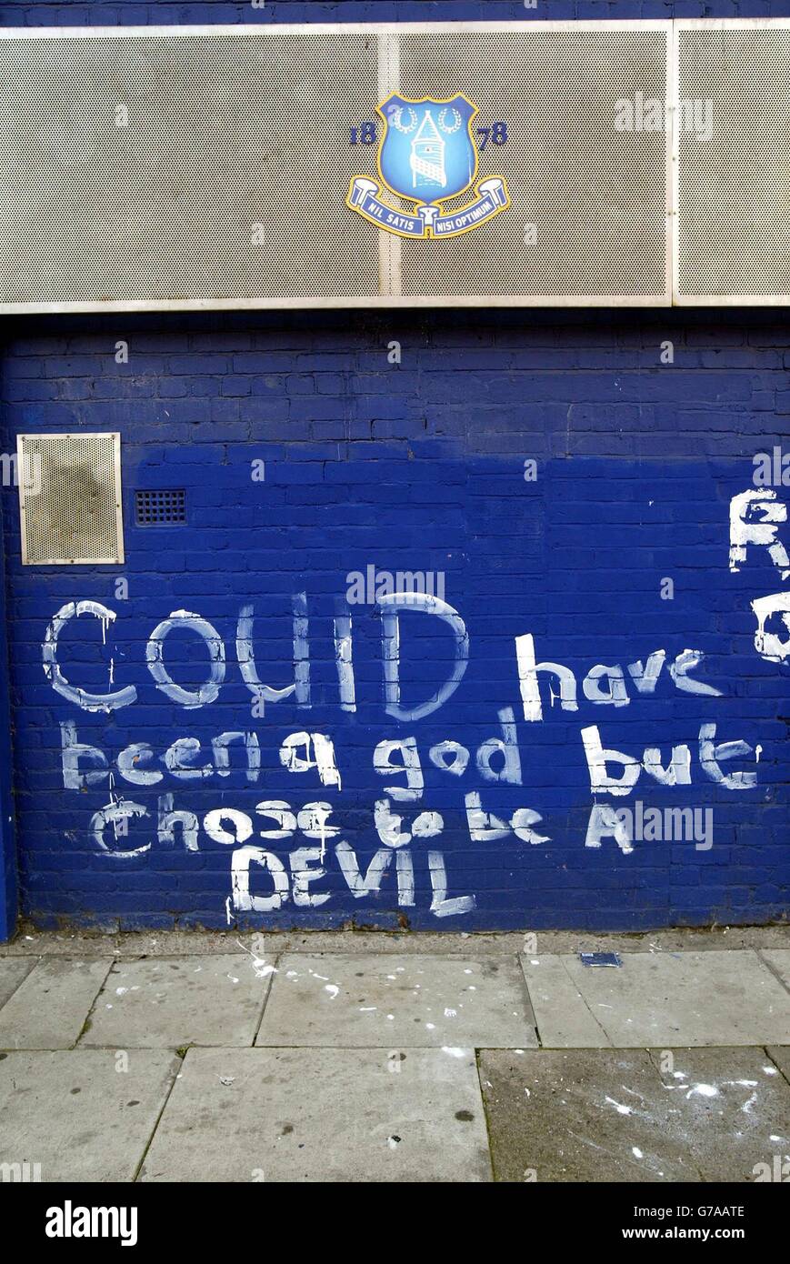 Graffiti on the walls of Goodison Park, home of Everton Football Club ...
