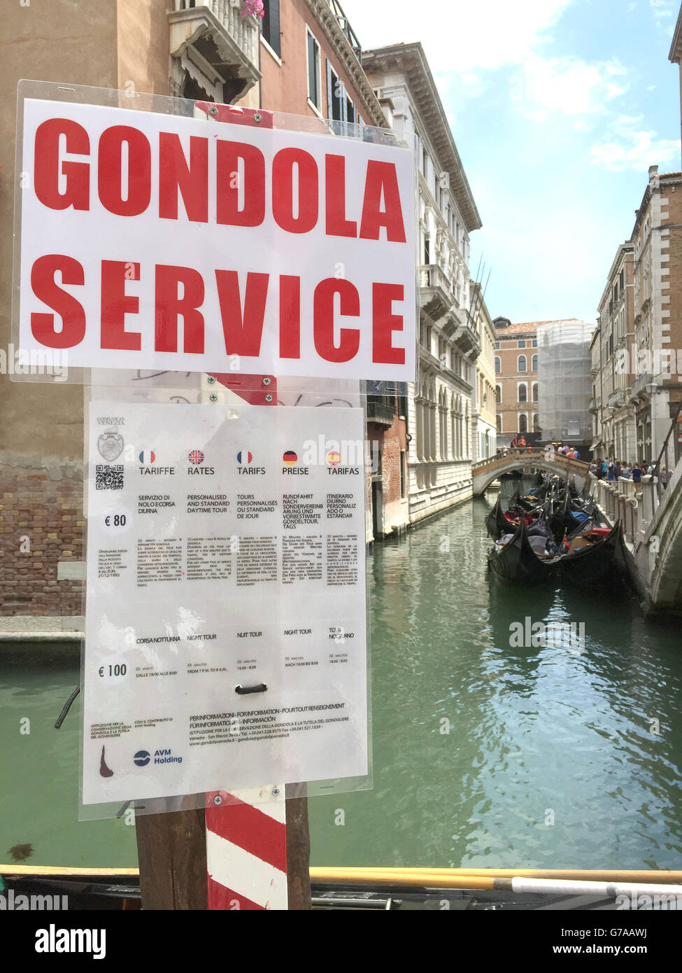 VENICE, Italy. Gondola service notice in five languages. Photo Tony ...