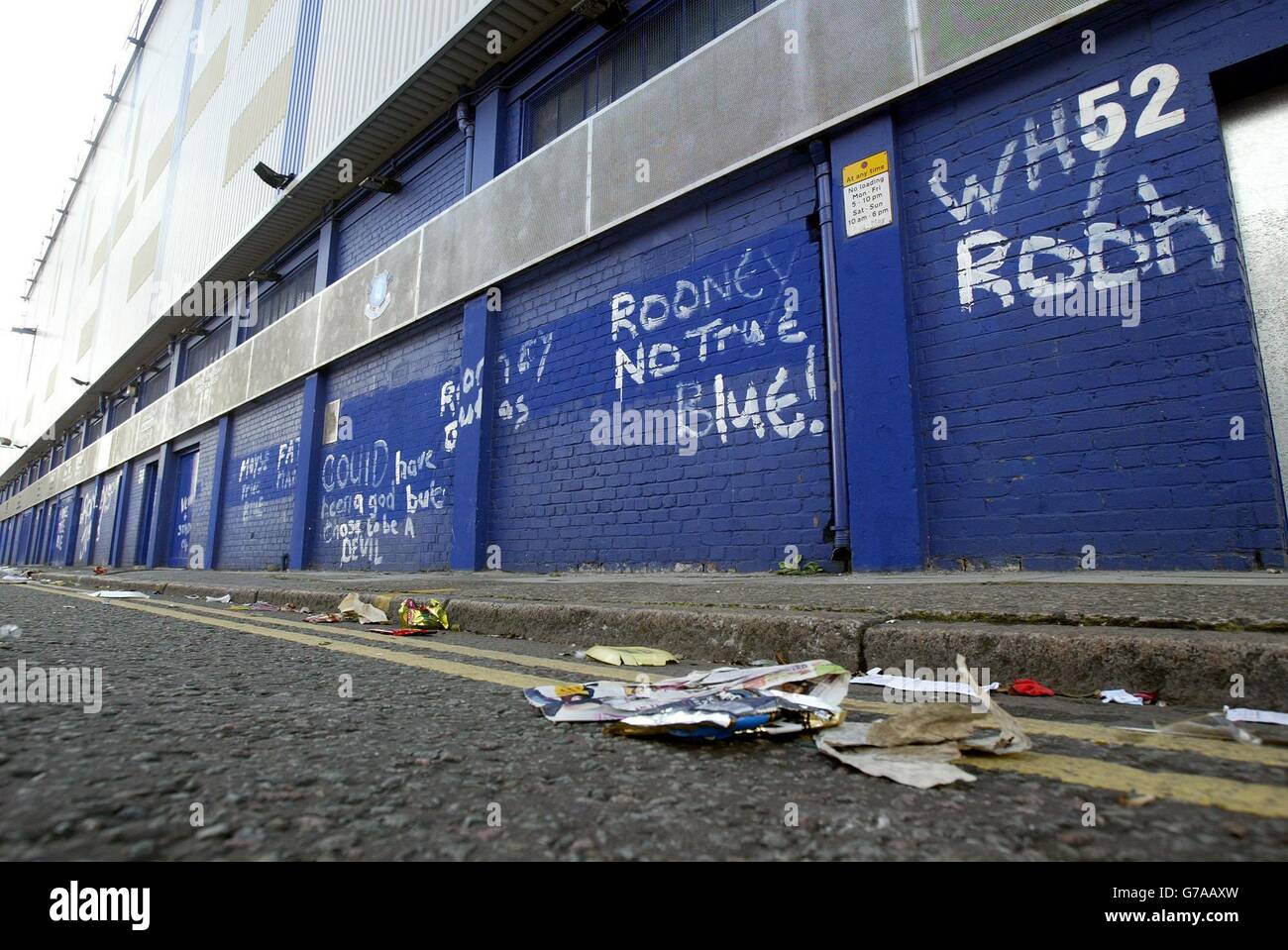 Graffiti on the walls of Goodison Park, home of Everton Football Club ...