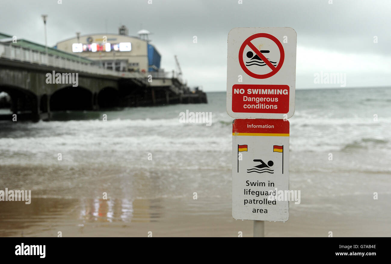 A sign warning swimmers of Dangerous conditions and to only swim in ...