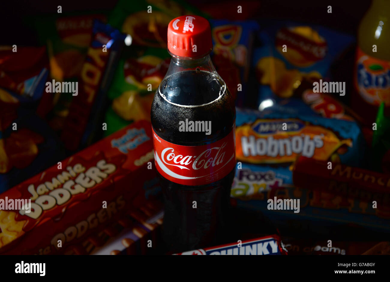 Stock Unhealthy Eating. A bottle of Coca Cola with biscuits, crisps ...