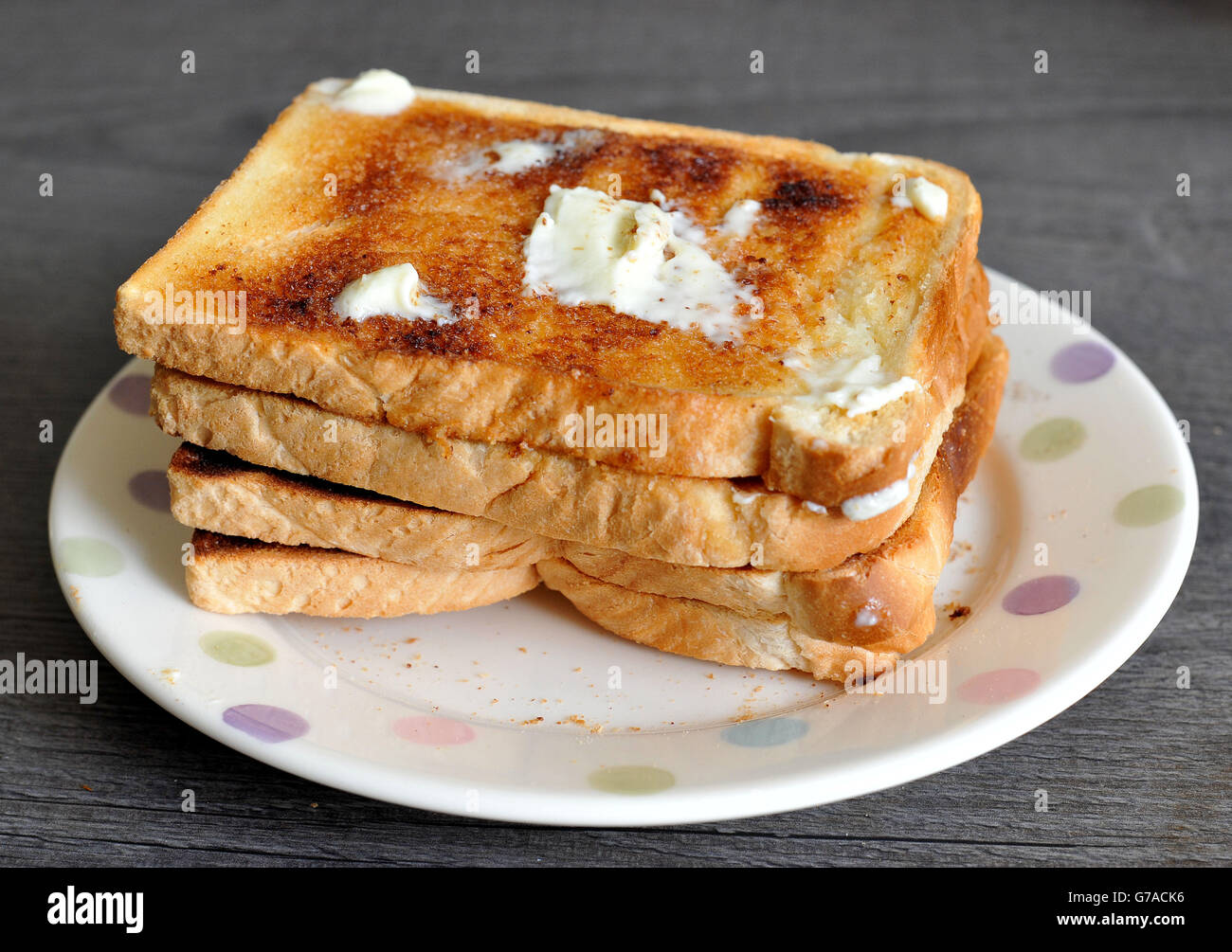 Four slices of buttered white toasted bread on a plate Stock Photo - Alamy