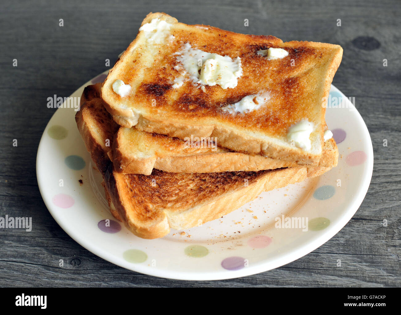 Four slices of buttered white toasted bread on a plate Stock Photo - Alamy