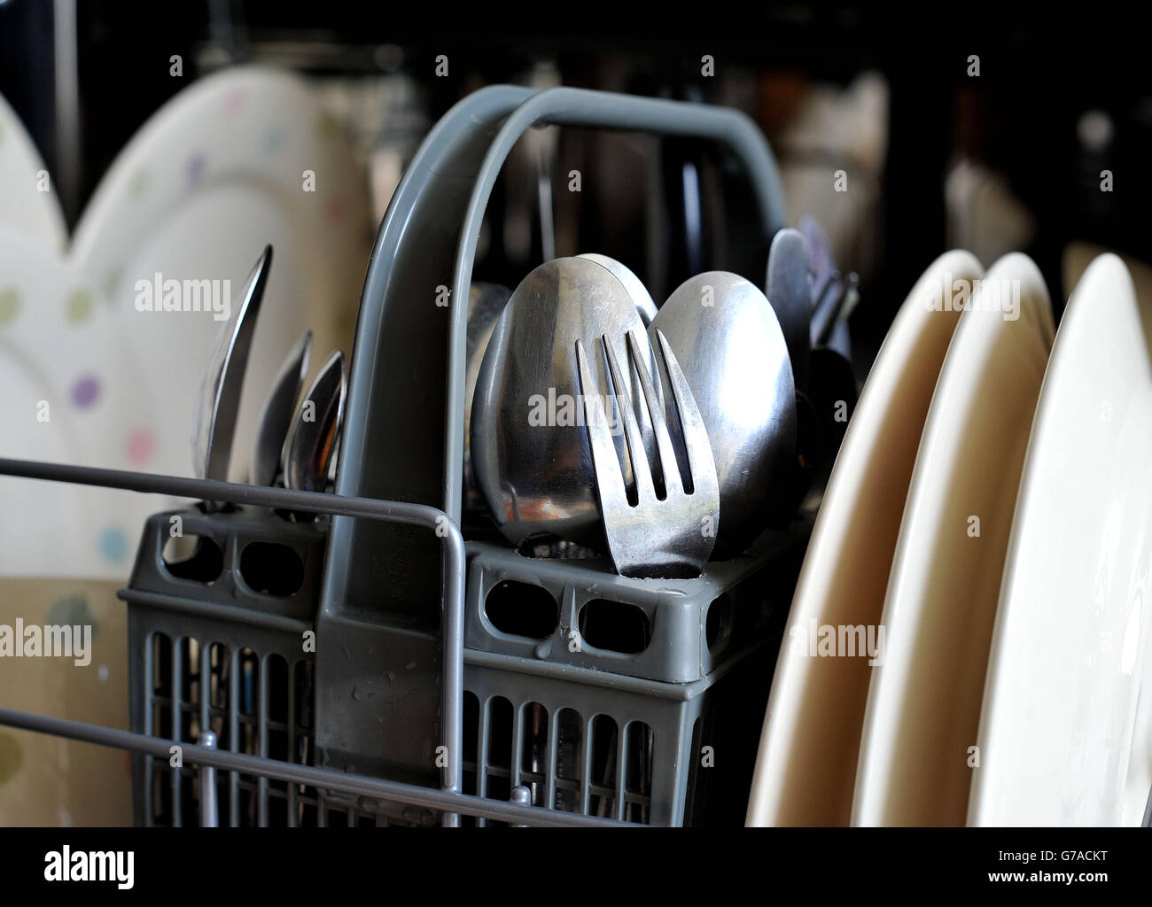 Dishwasher stock. Dirty crockery and eating utensils in a dishwasher ...