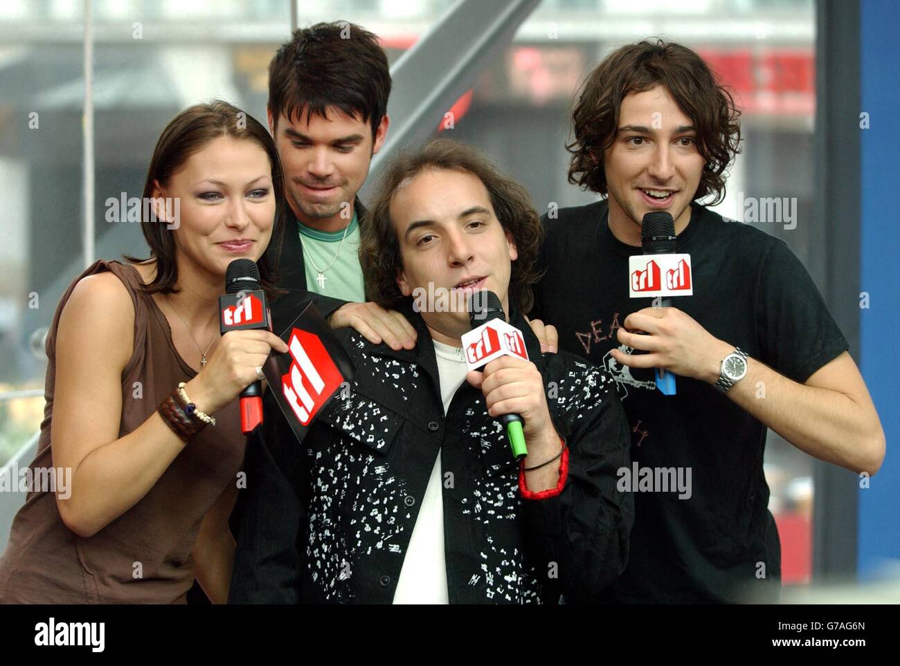 MTV presenters Emma Griffiths, Dave Berry (centre left) and Alex Zane ...