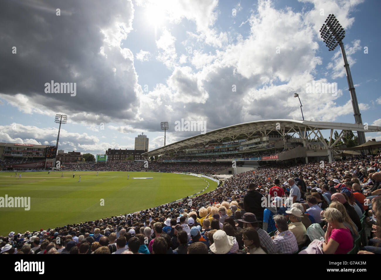 Blue skies can be seen above the Kia Oval as spectators watch Day Three ...