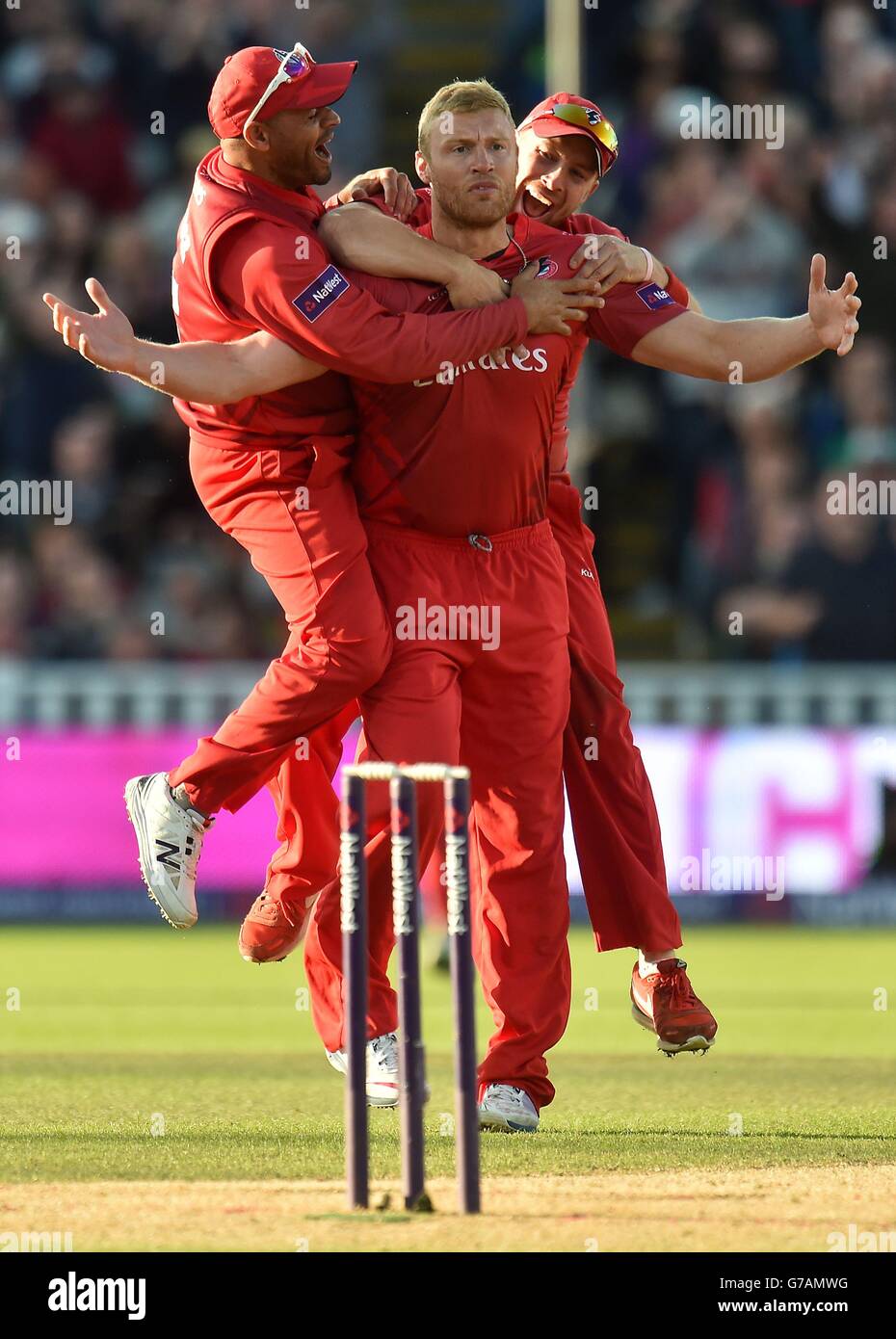 Lancashire Lightning's Andrew Flintoff celebrates with Ashwell Prince ...