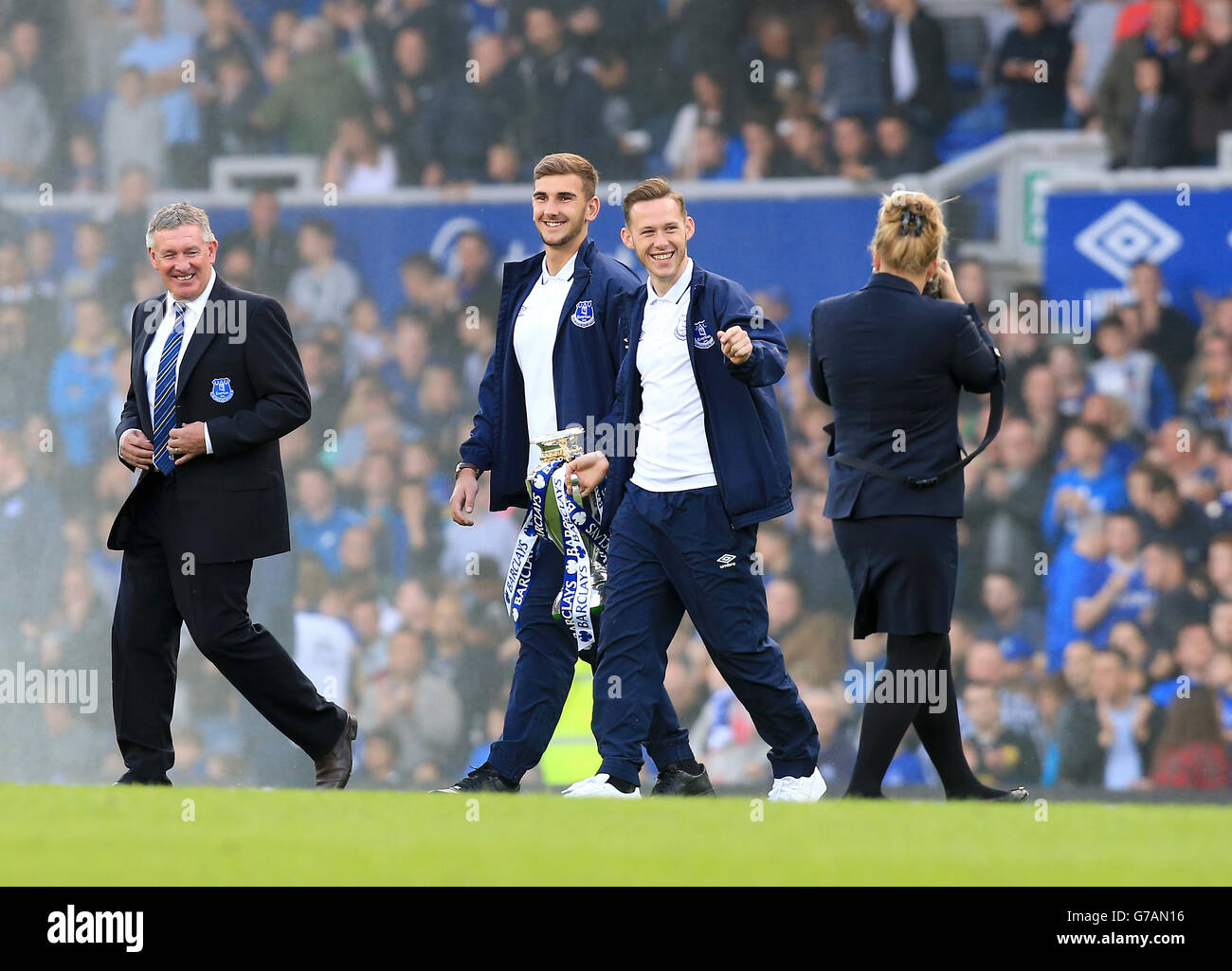Everton Under-18's parade their trophy at half-time during the Barclays ...