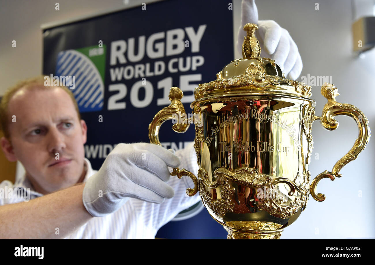 David Paull arrives with The Webb Ellis Cup during a photocall at ...