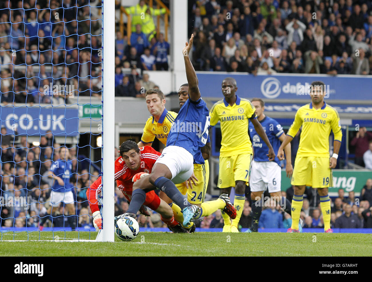 Everton's Sylvain Distin scores but it is ruled out for offside during ...
