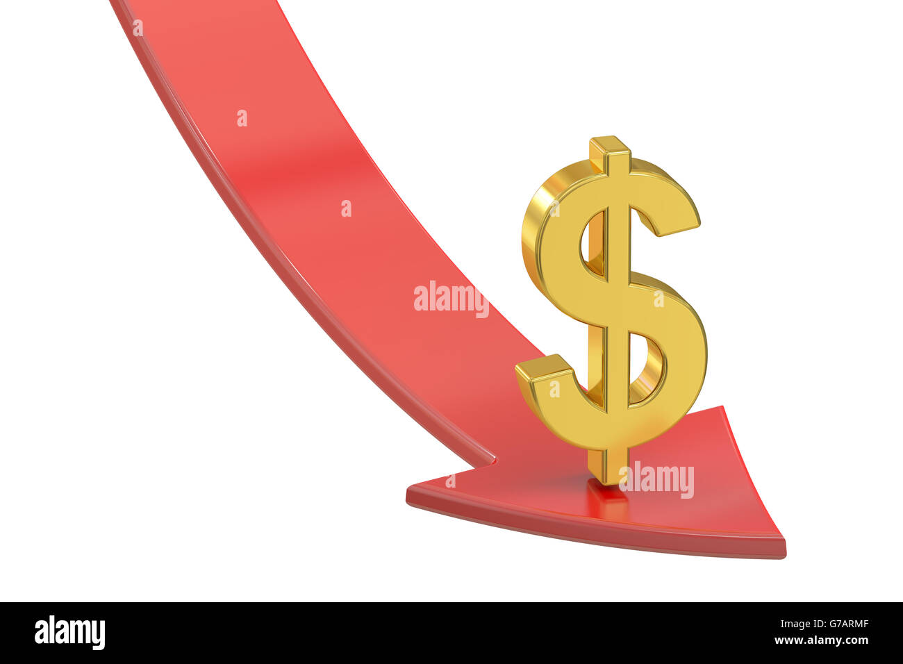 Falling red arrow with symbol of dollar, crisis concept. 3D rendering ...