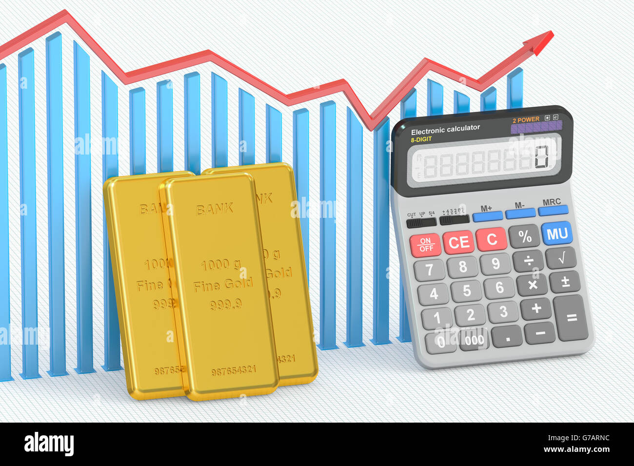 Golden price concept, chart with calculator and gold bars. 3D rendering ...
