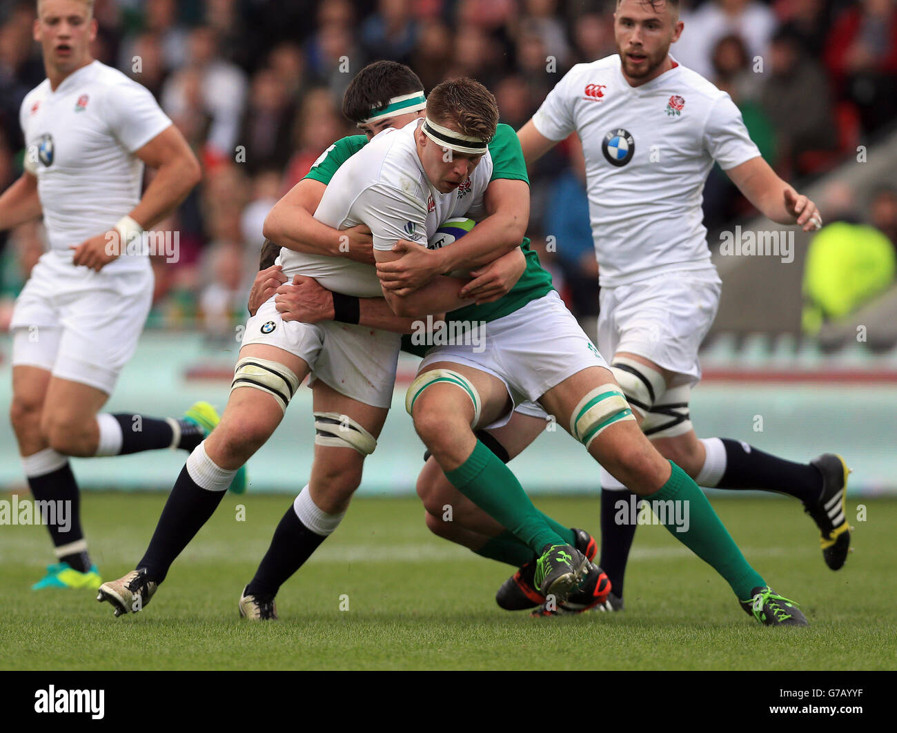 England's Callum Chick is tackled during the Under 20's Rugby Union ...