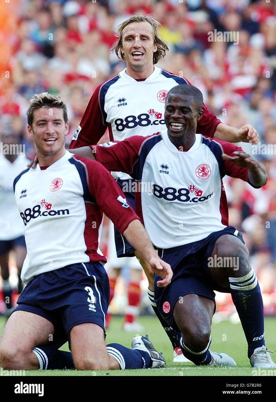 Middlesbrough player Frank Queudrue (left) celebrates his goal against ...