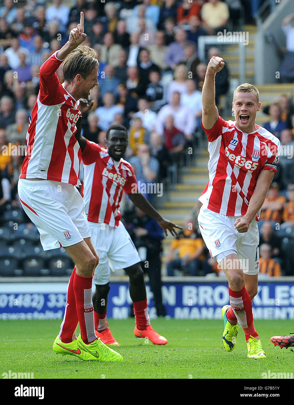 Stoke citys ryan shawcross celebrates scoring hi-res stock photography ...