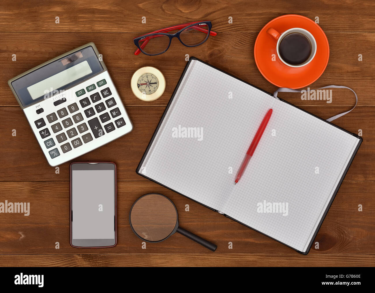 Workplace with office items and business elements on a desk Stock Photo ...