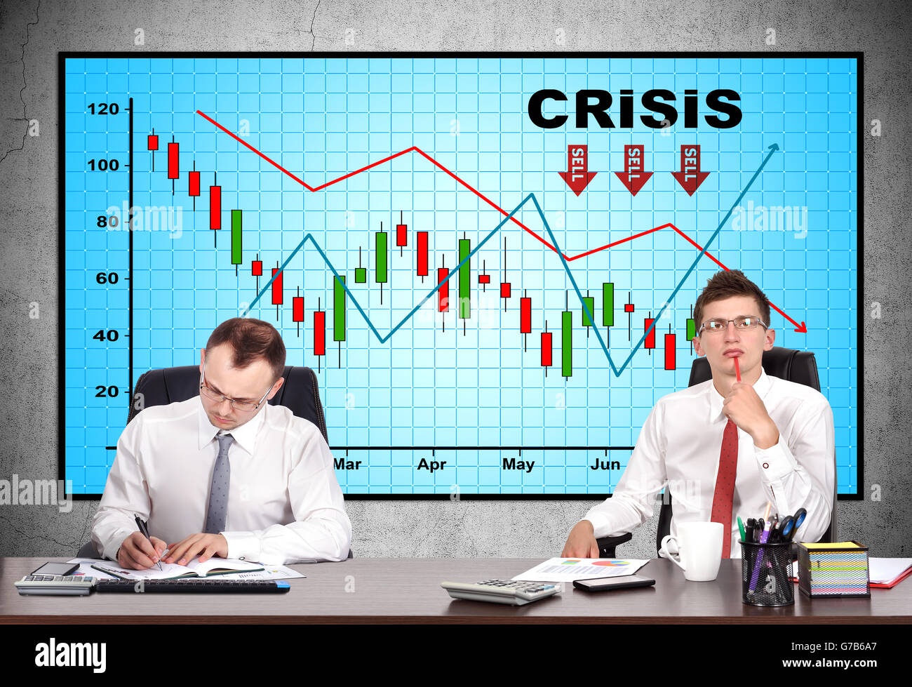 businesspeople in office and crisis chart on screen Stock Photo - Alamy