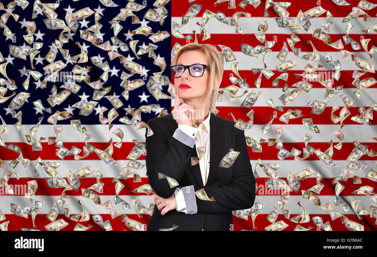 businesswoman thinking and falling dollar bills Stock Photo - Alamy