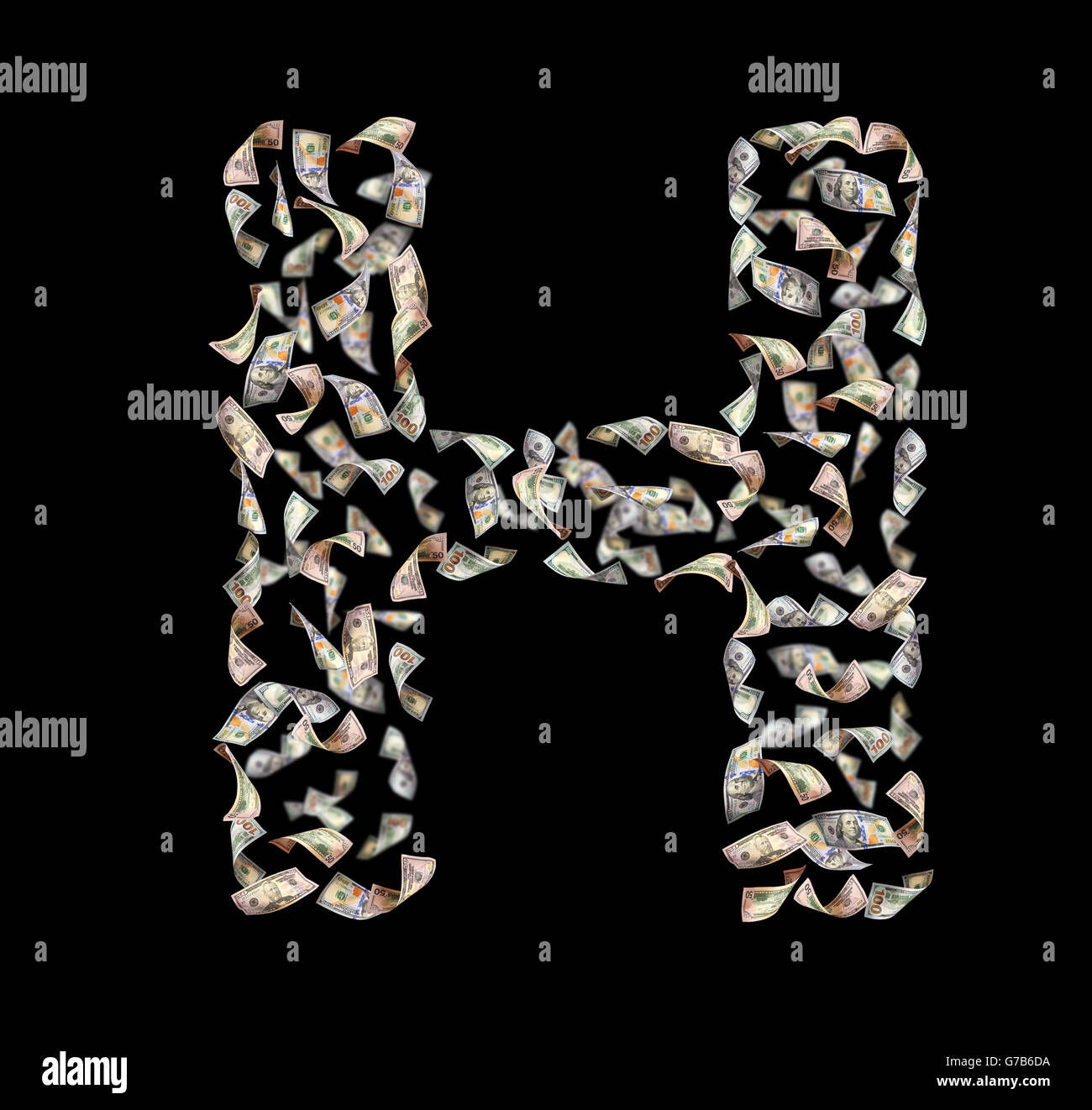falling dollar bills in the form of letter H Stock Photo - Alamy