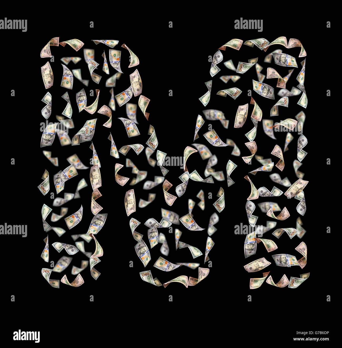 falling dollar bills in the form of letter M Stock Photo - Alamy