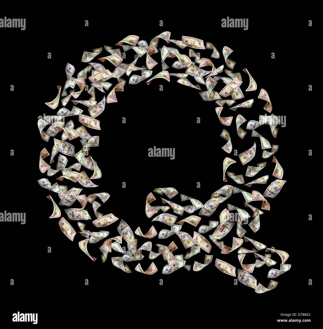 falling dollar bills in the form of letter Q Stock Photo - Alamy