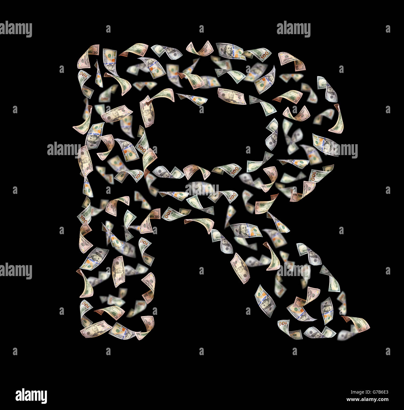 falling dollar bills in the form of letter R Stock Photo - Alamy