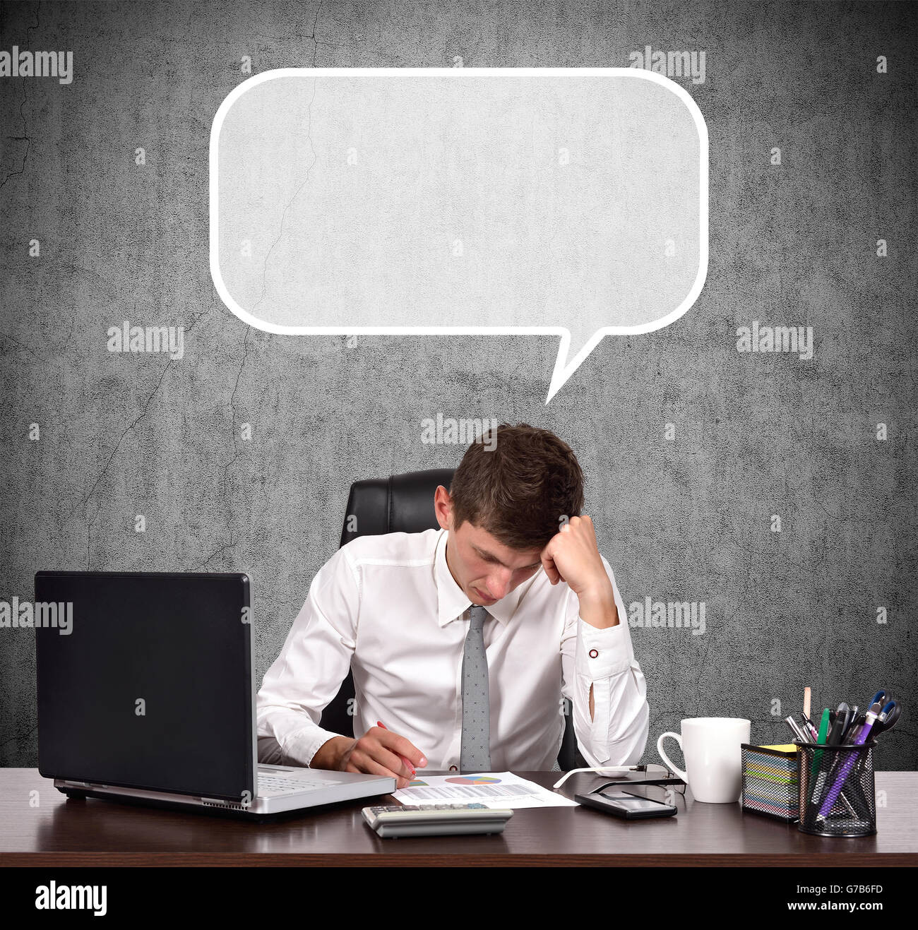 Tired businessman sitting in office and thinking Stock Photo - Alamy