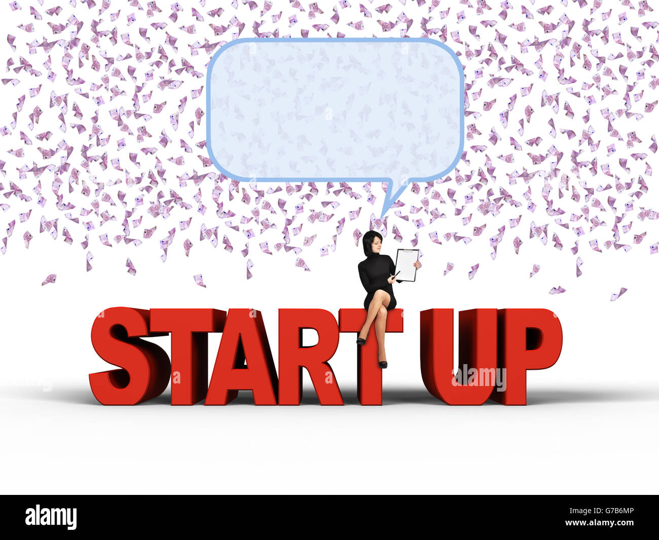 businesswoman sitting on start up text and thinking Stock Photo - Alamy